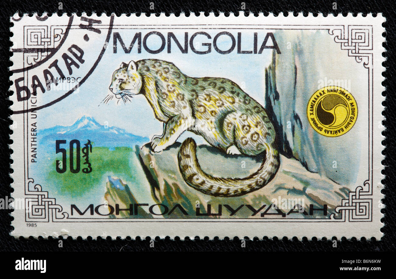 Léopard des neiges (Uncia uncia, once), timbre-poste, Mongolie, 1985 ...