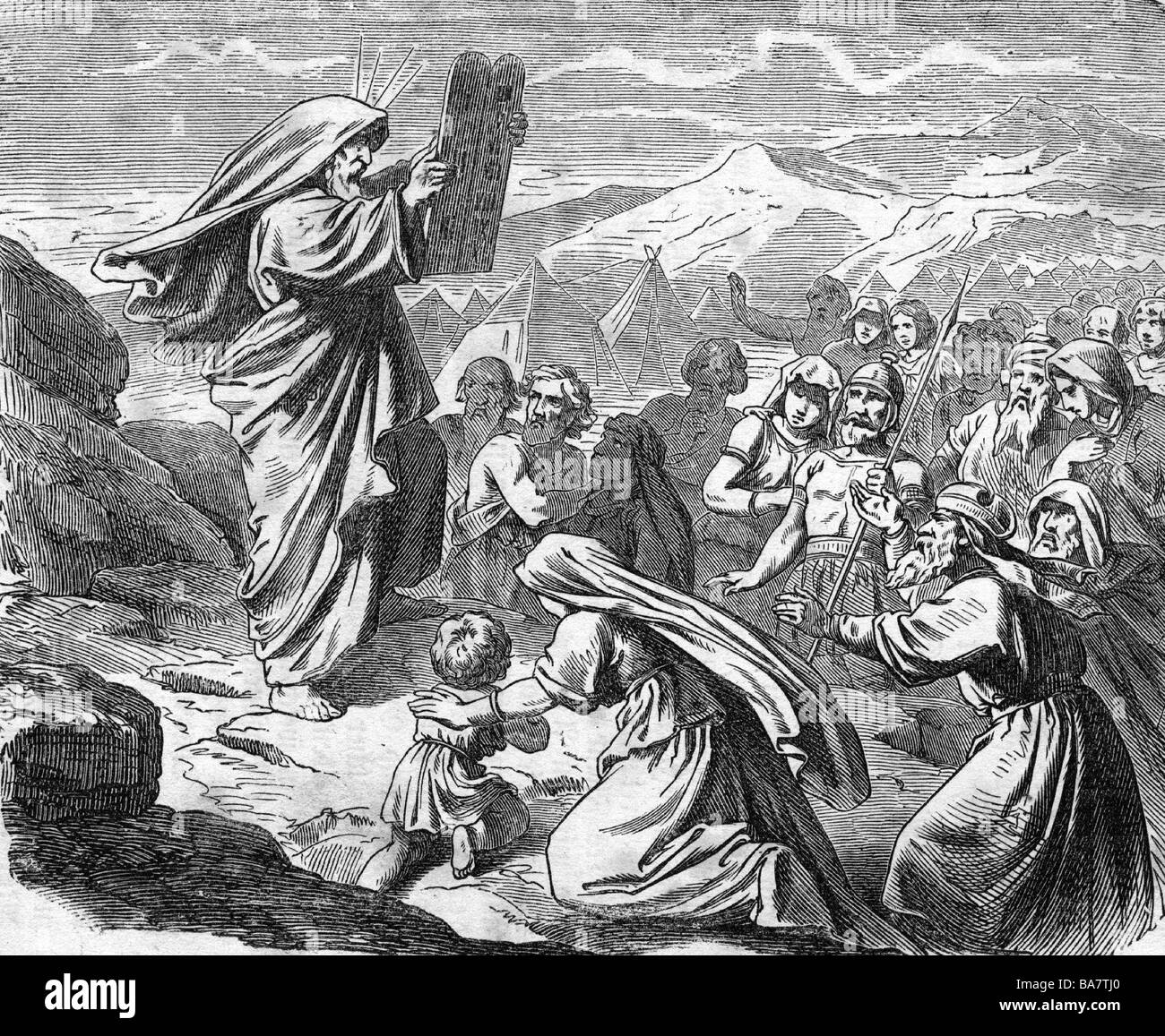 Moïse, figure biblique, prophète et chef religieux, apportant les ...