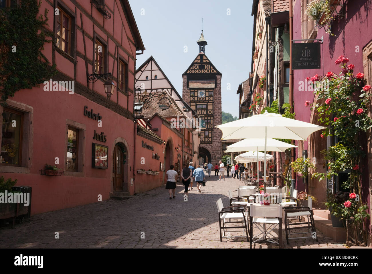 Riquewihr Alsace France Pavement cafe Tour Dolder gate et de vieux ...