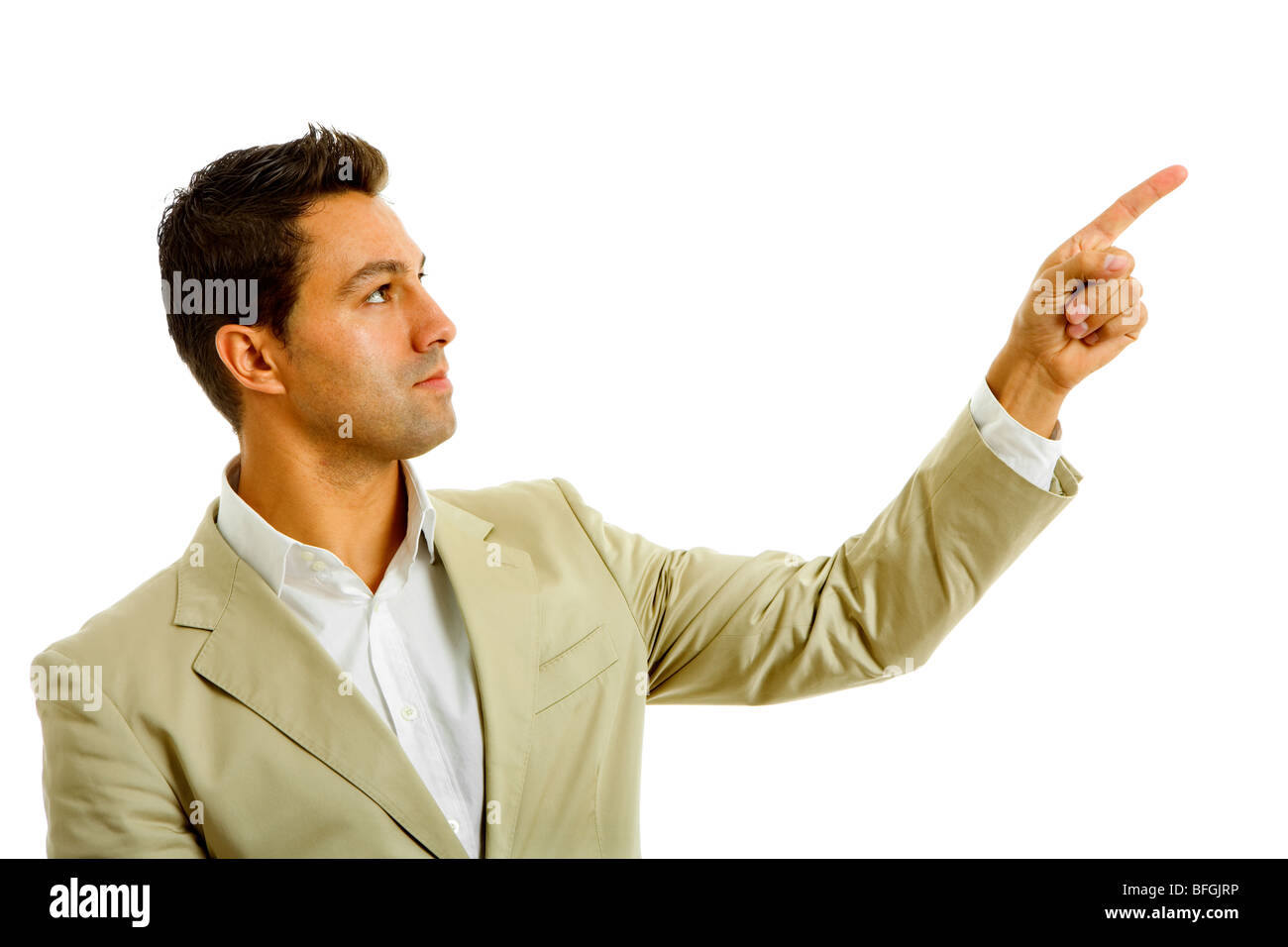 Jeune homme en costume d'affaires pointant avec son doigt Photo Stock ...