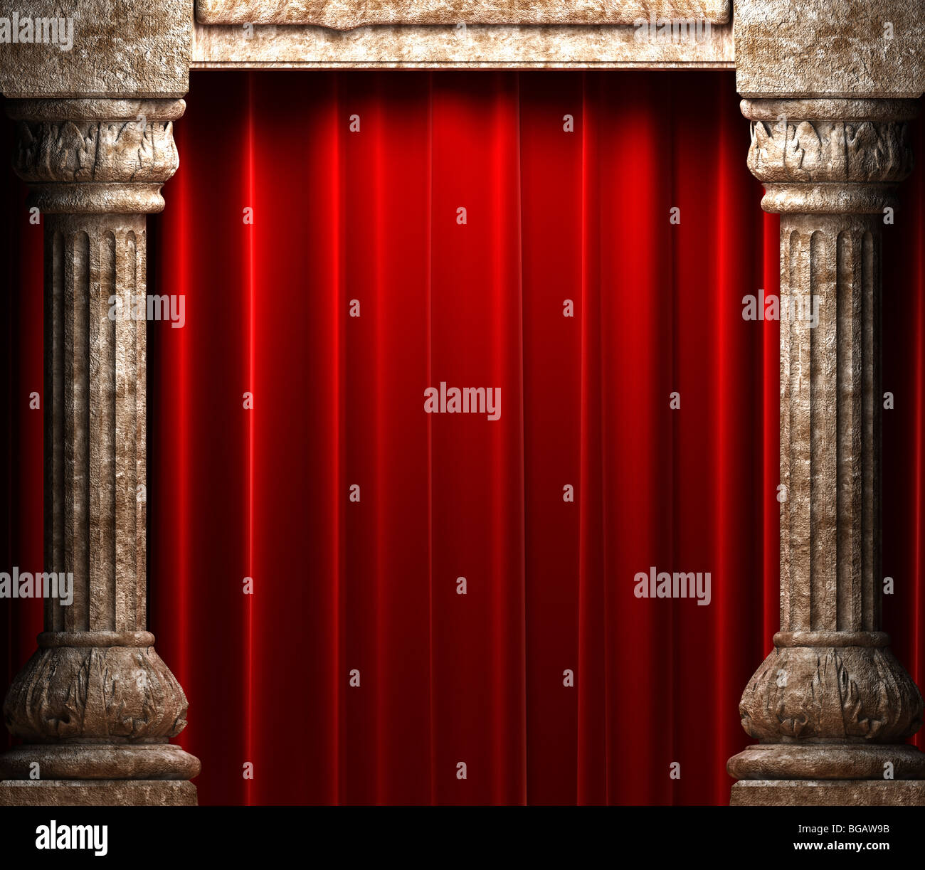 Derrière les rideaux de velours rouge des colonnes en pierre Photo ...