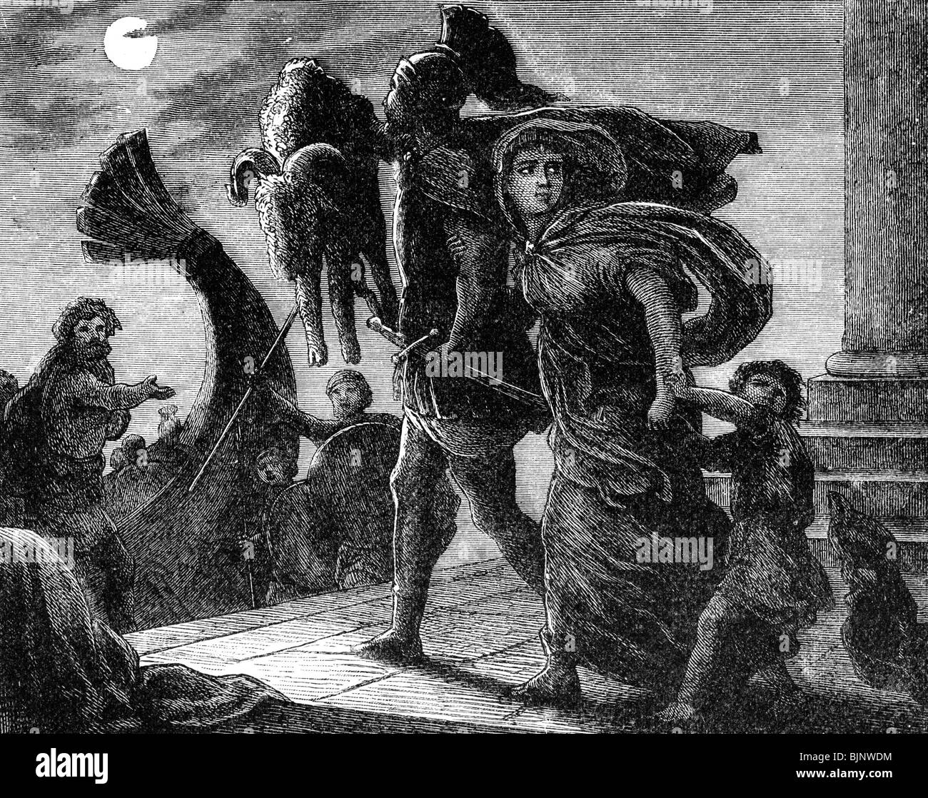 Jason, héros mythologique grec, chef des Argonautes, fuyant avec Medea ...