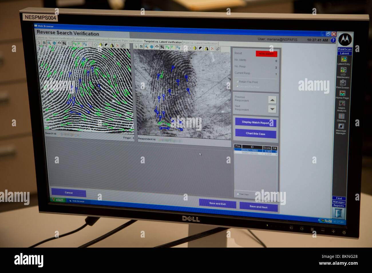 Montrant l'écran de recherche et de l'AFIS de match. d'empreintes ...