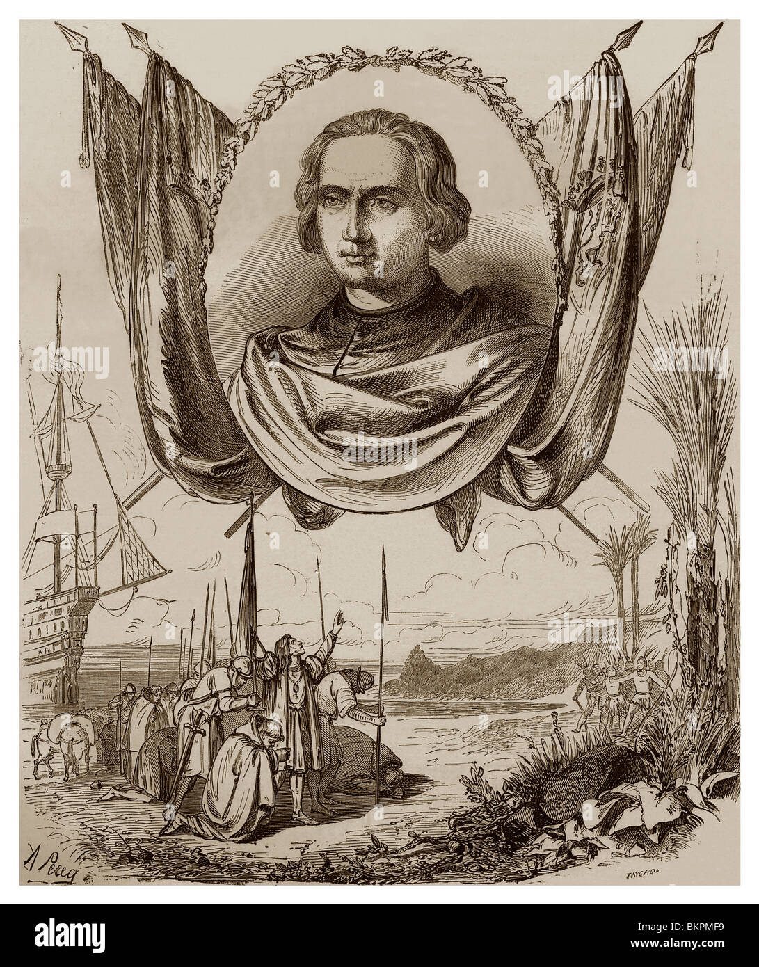 Le 12 octobre 1492, est arrivé à terre à l'île de Guanahani, Christophe ...