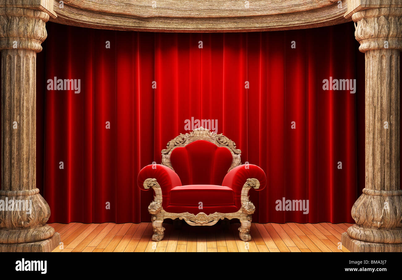 Rideaux de velours rouge, colonnes de bois et une chaise fait en 3d ...