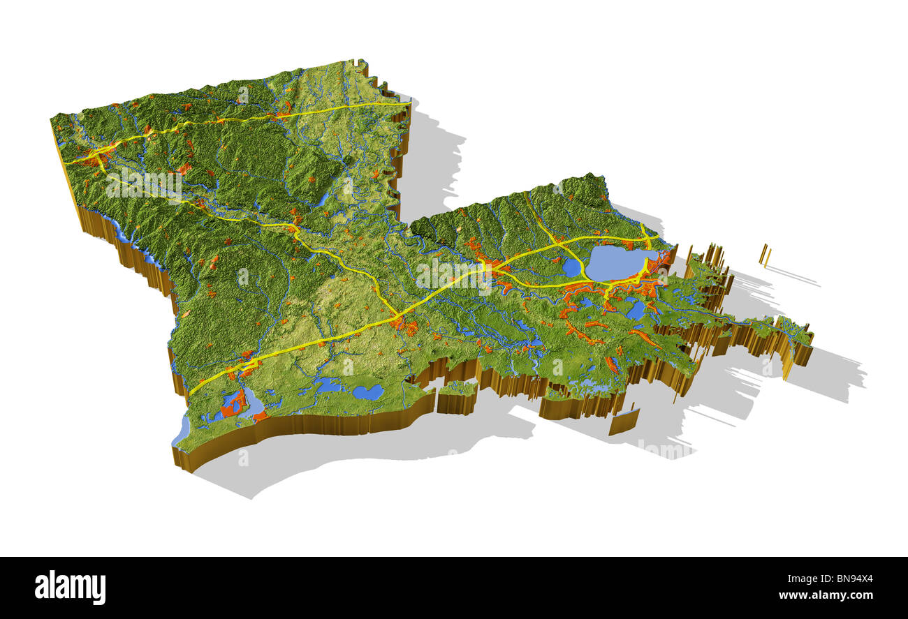 Louisiane, 3D Relief map cut out avec les zones urbaines et les ...