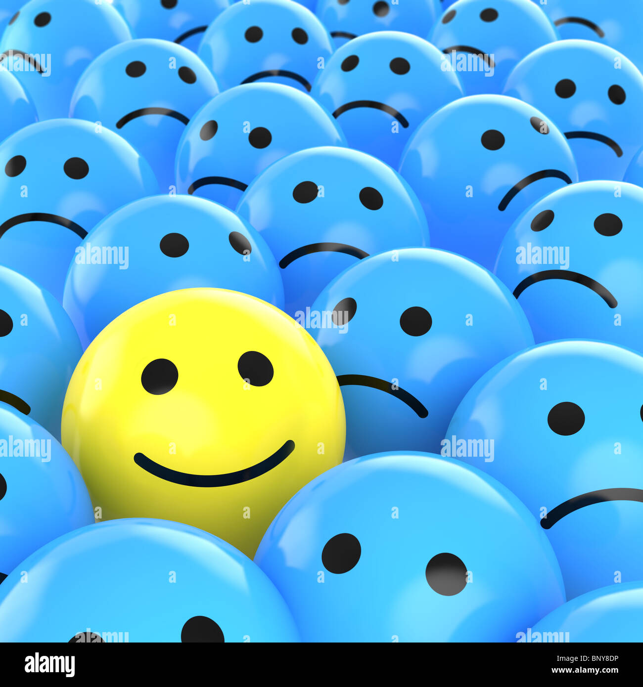 Un heureux smiley jaune bleu entre de nombreux autres triste comme ...