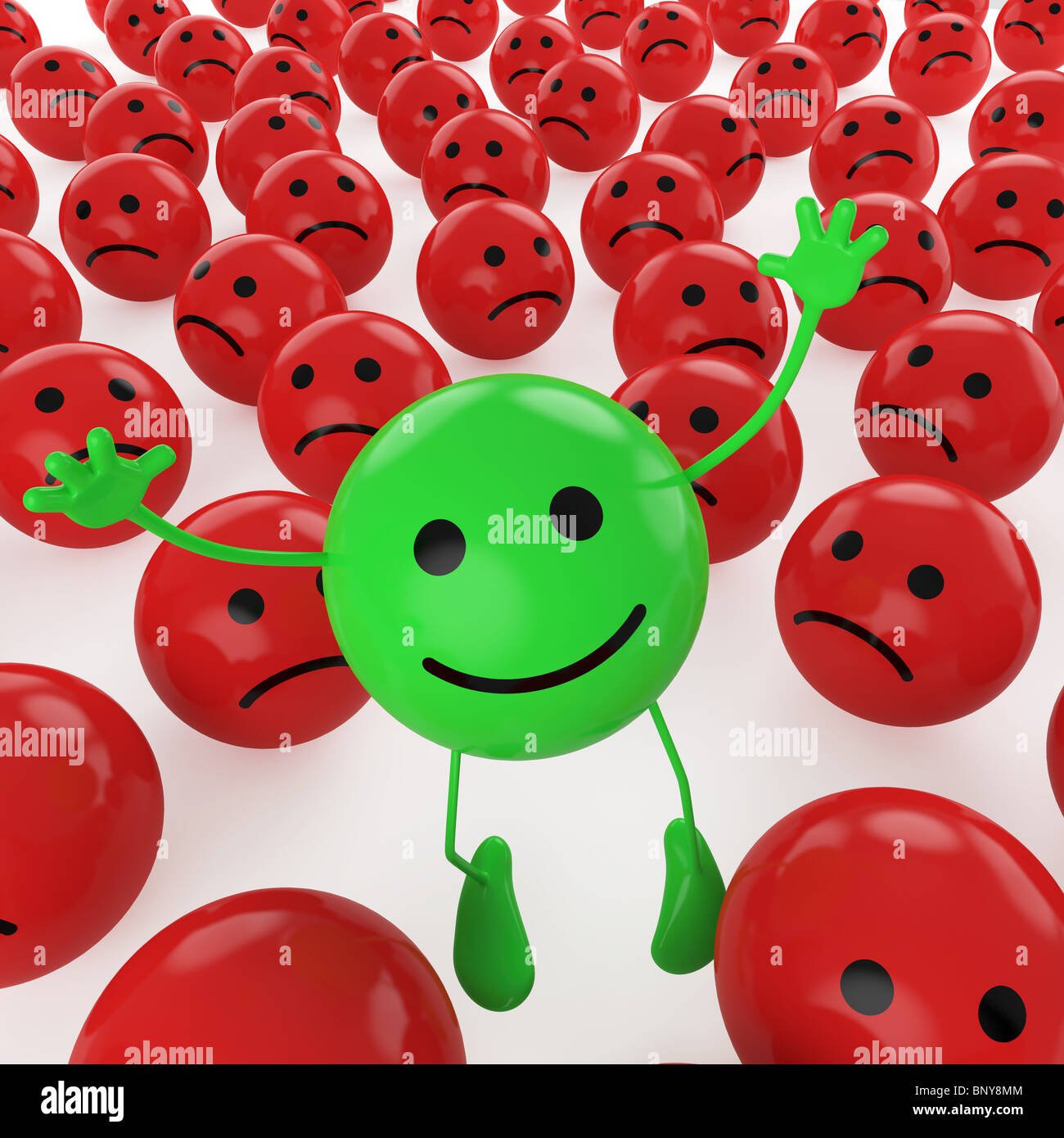 Un smiley vert heureux sautant parmi beaucoup d'autres comme rouge ...