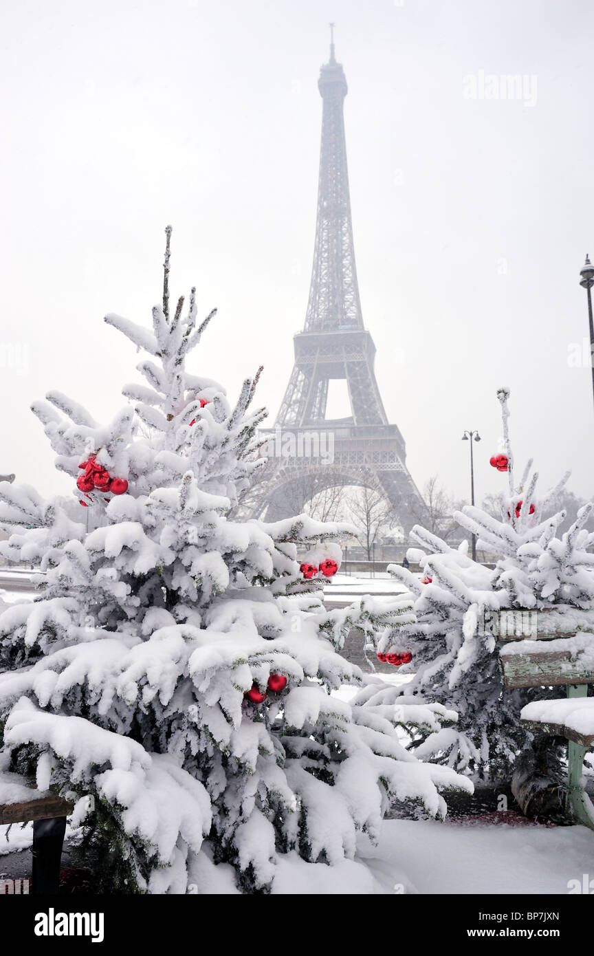 Paris, Tour Eiffel, France, tempête de neige hivernale, Scenic avec des ...