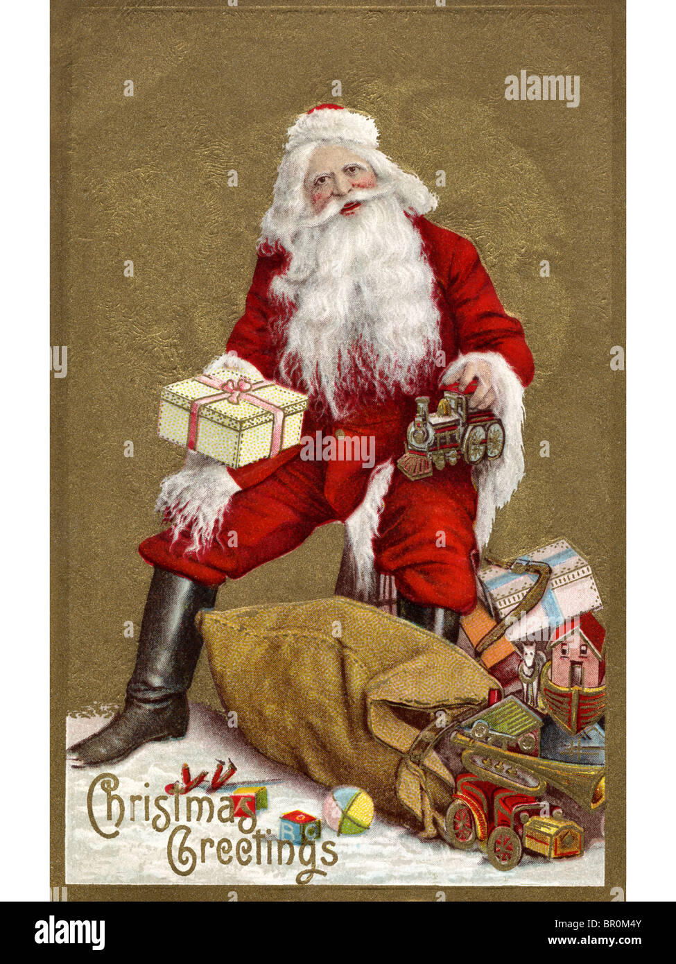 Vintage Carte De Noël Du Père Noël Avec Un Sac Plein De Cadeaux Photo