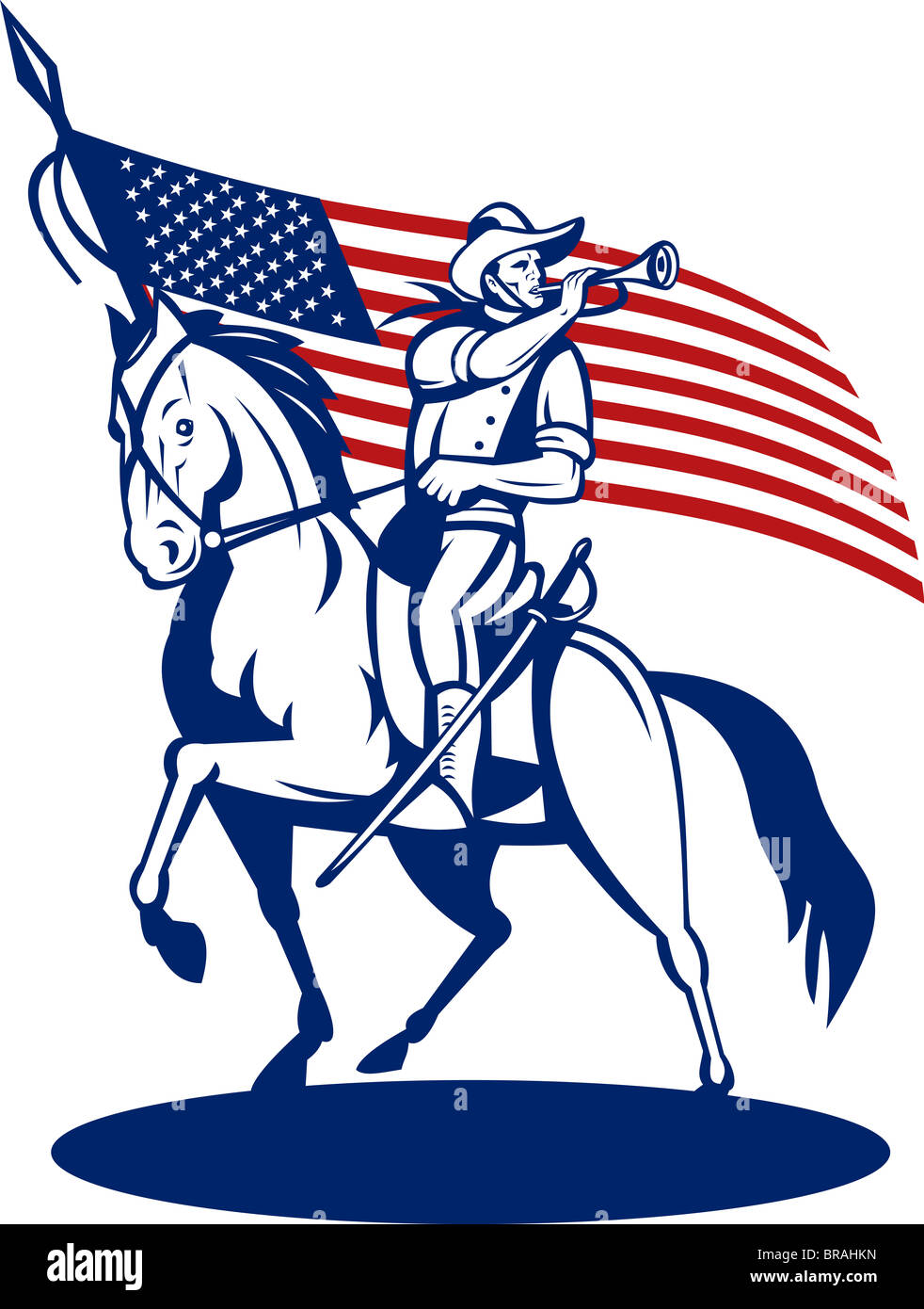 Cheval de cavalerie américaine soufflant un clairon et stars and stripes flag en arrière-plan ...