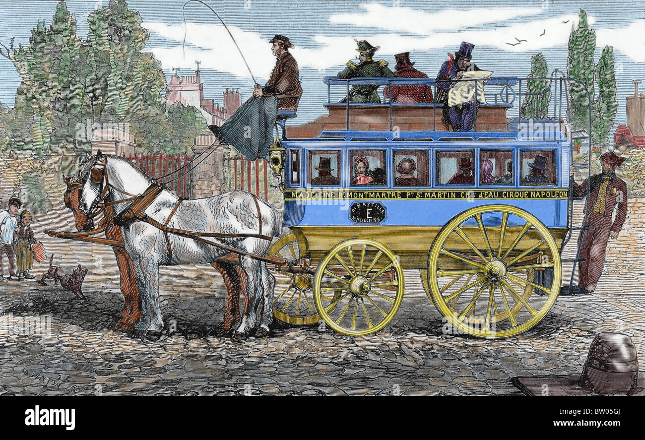 Omnibus à chevaux. Gravure de H. Linton dans 'L'Univers Illustré" (1862 ...