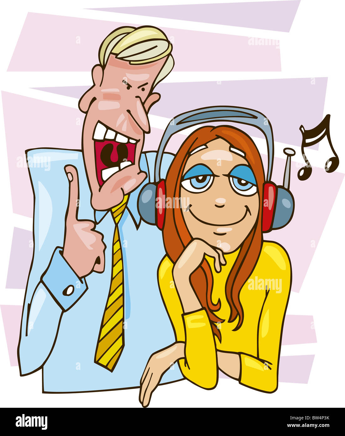 Cartoon illustration de l'adolescente à écouter la musique et son père ...