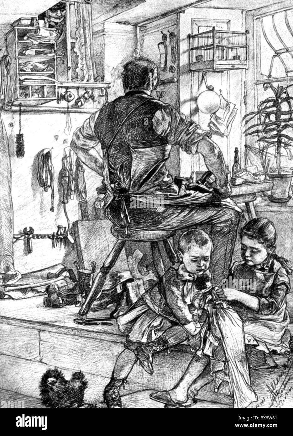 Artisanat, atelier d'un cordonnier, 'Berlin Cobbler', dessin de ...