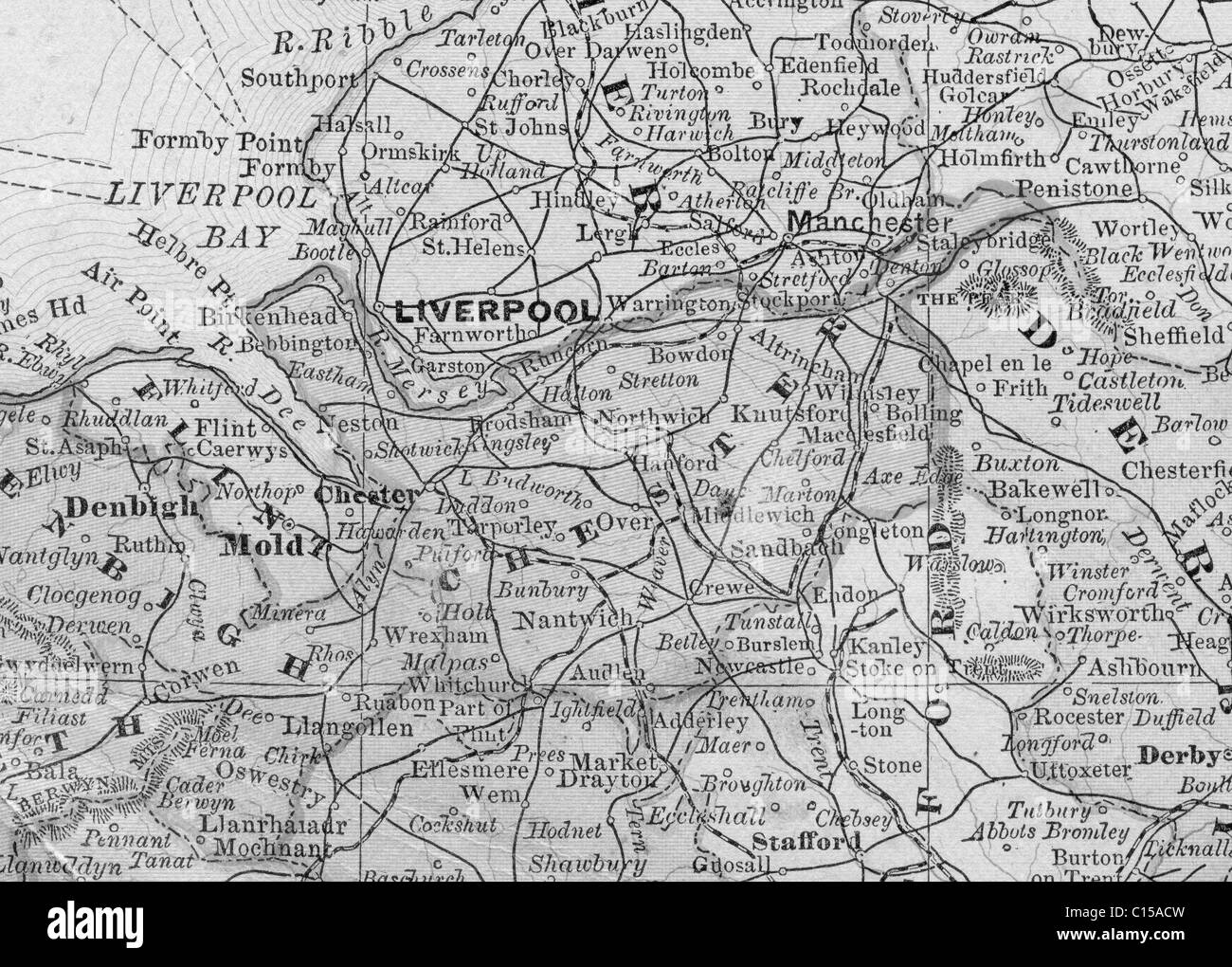 Carte ancienne de la région de Liverpool, 1884 manuel de géographie d ...
