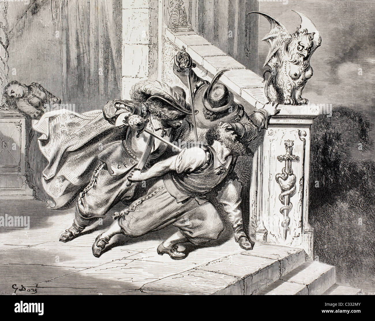 Scène de Barbe-Bleue de Charles Perrault. Les frères tuer Barbe-bleue ...