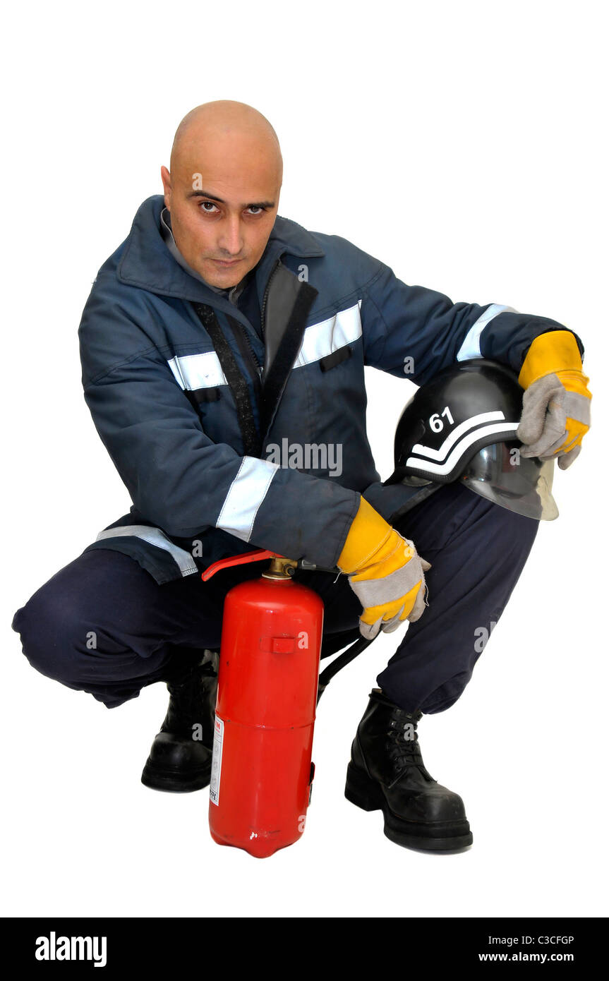 En uniforme de pompier en blanc isolé Photo Stock - Alamy
