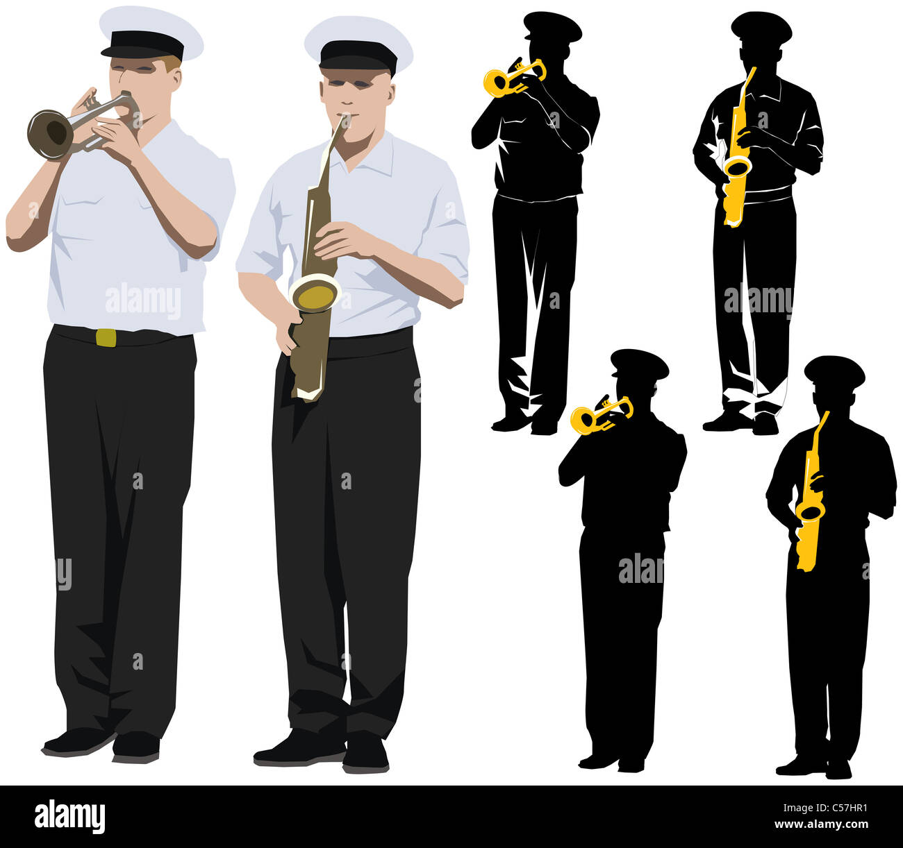 Les membres du groupe jouant de la trompette militaire et saxophone ...