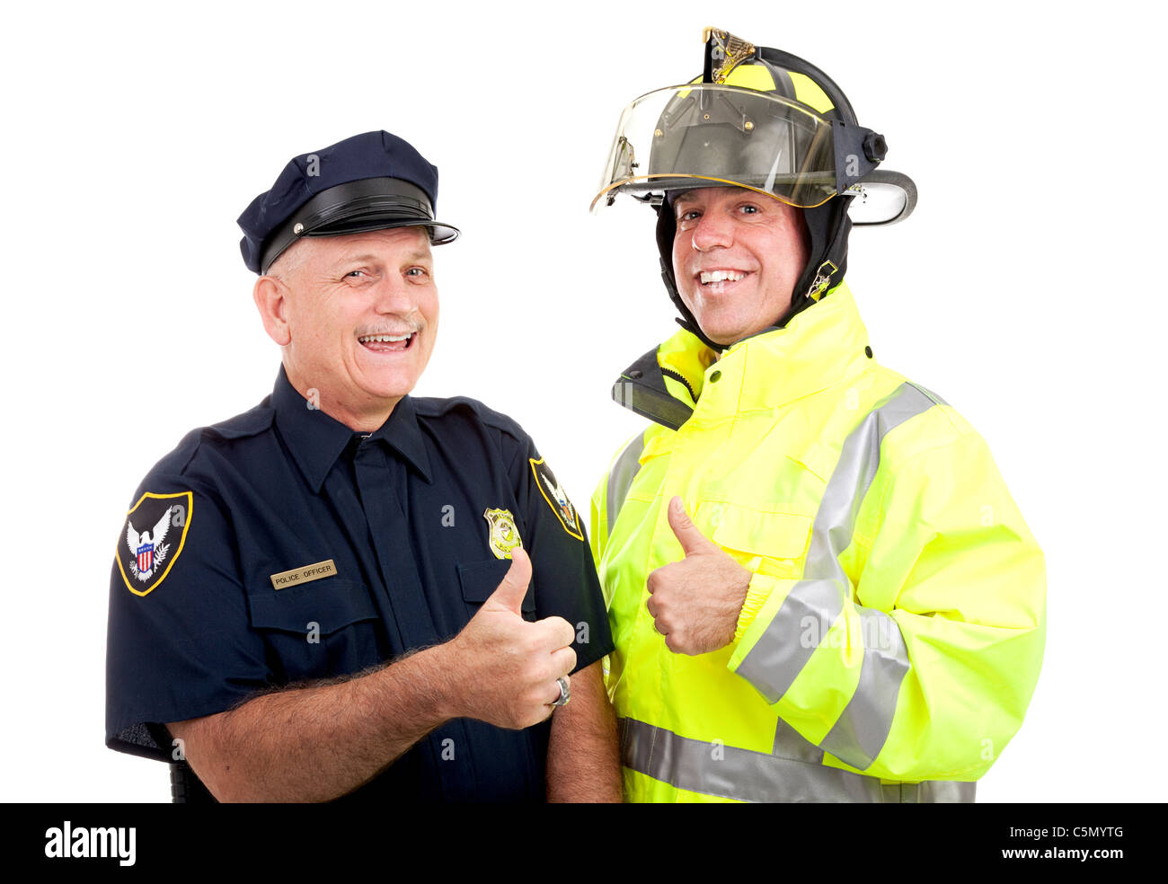 Pompier et policier giving Thumbs up sign. Isolé sur blanc Photo Stock ...