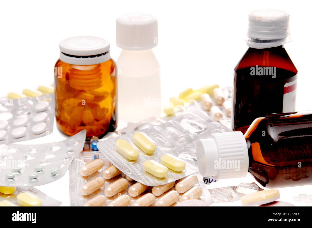 Différents types de médicaments sur fond blanc Photo Stock - Alamy