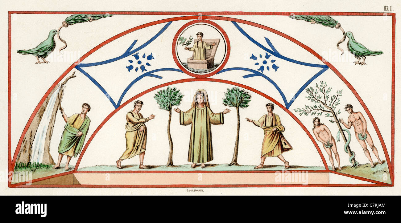 Début de la symbolique chrétienne. Peinture murale sur un tombeau voûté ...