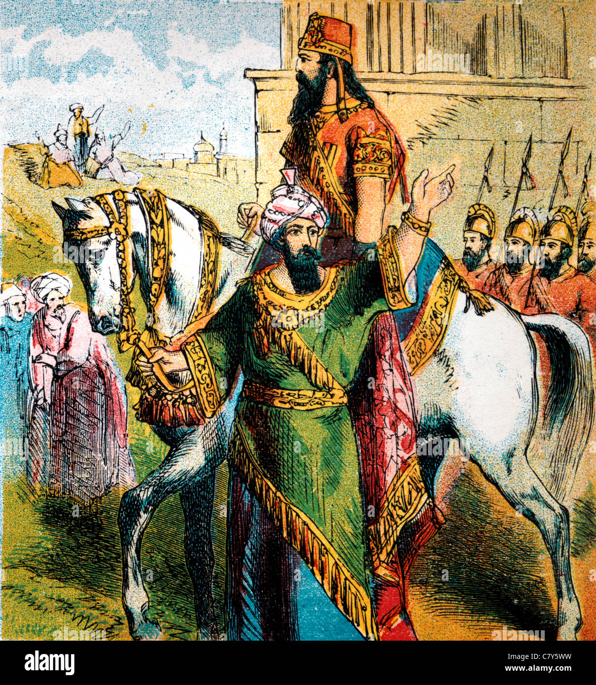 Histoires de la Bible - Illustration du roi Assuérus honorer Mardochée pour sauver sa vie en s ...