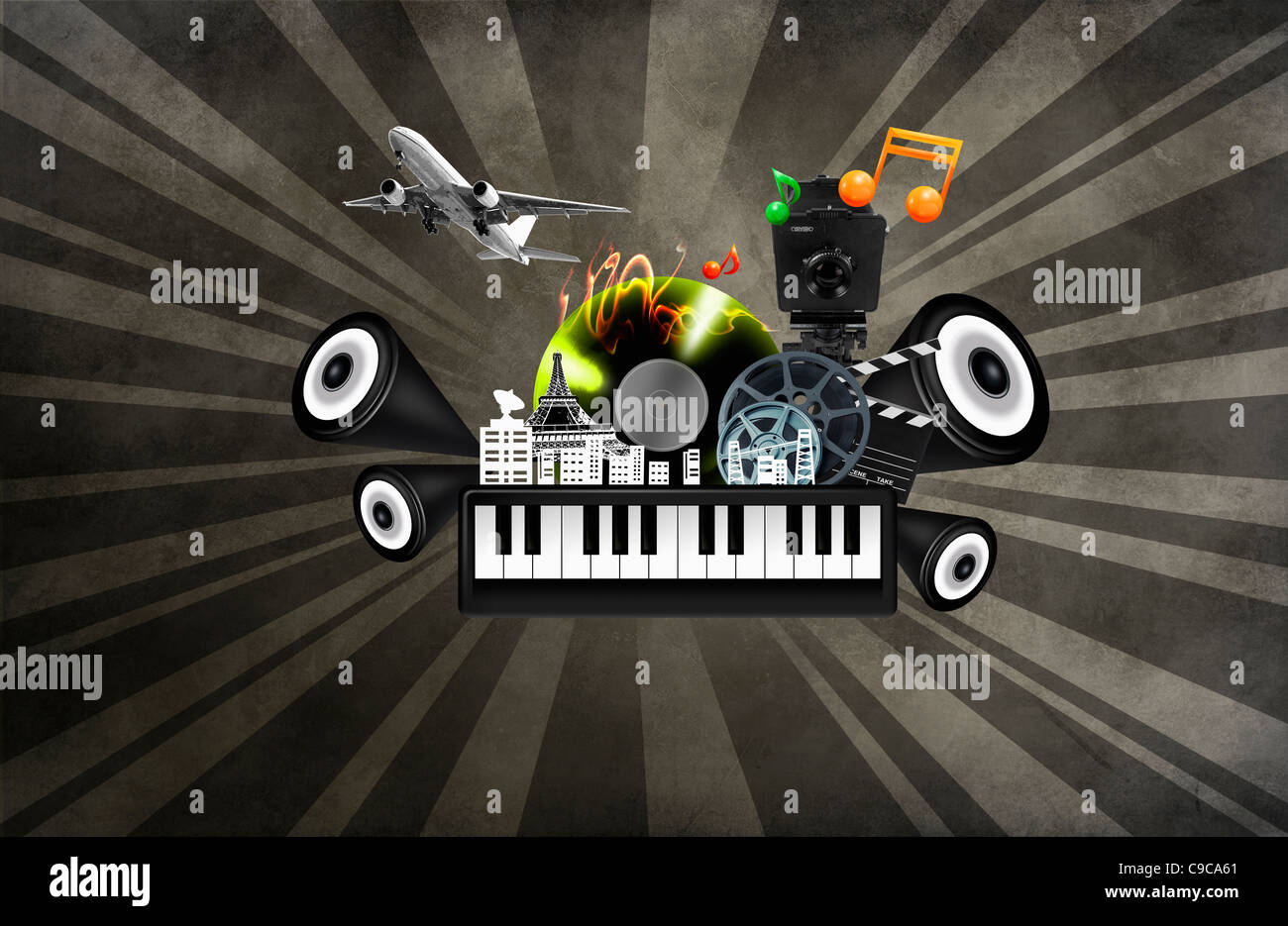 Diverses icônes musicales avec un clavier et un avion Photo Stock - Alamy