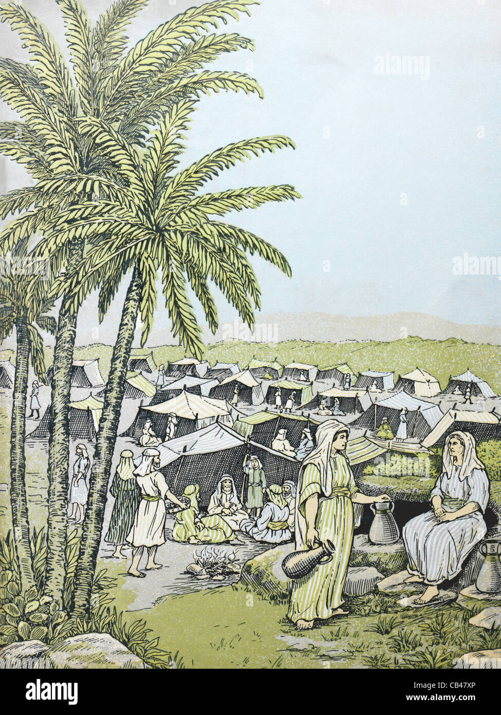 Une illustration d'Elim (Exode XV) montrant les Israélites y Camping ...