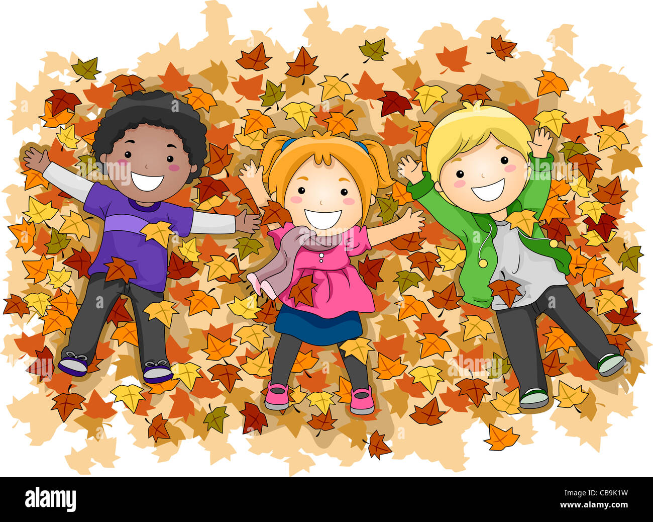 Illustration d'enfants qui jouent avec les feuilles d'automne Photo ...