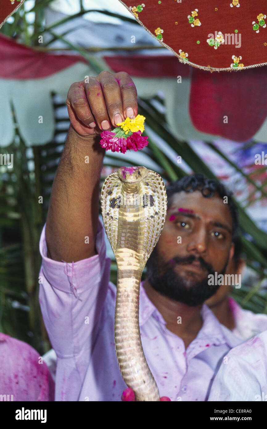 Festival de Naga panchami ; homme serpent faire pooja puja de Nag cobra ...