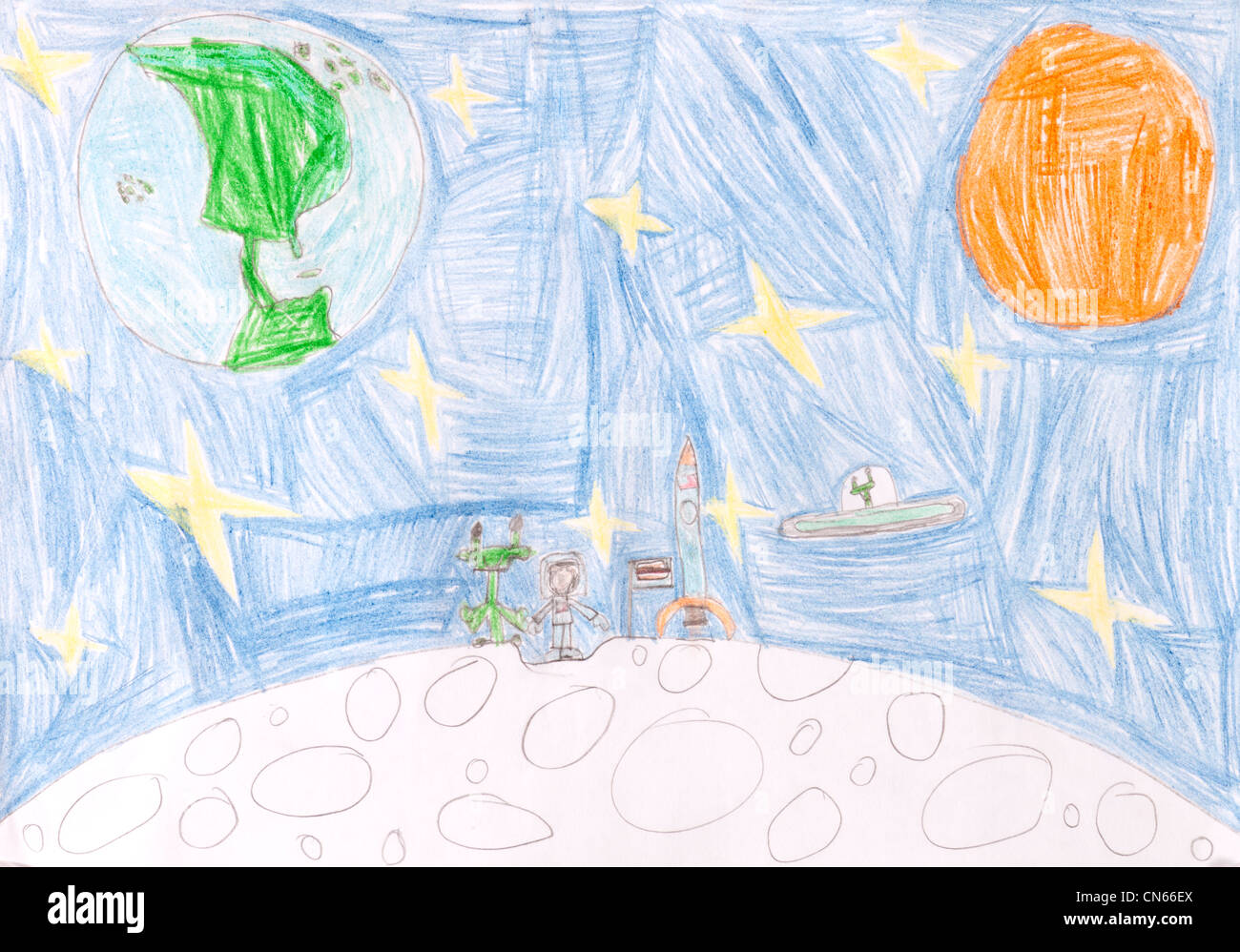 Dessin de l'enfant - l'espace. L'atterrissage sur la lune Photo Stock - Alamy
