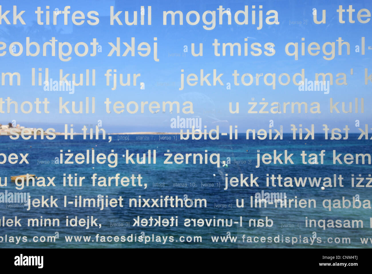 Texte maltais ou la littérature sur le mur de verre d'un abri-bus, avec ...