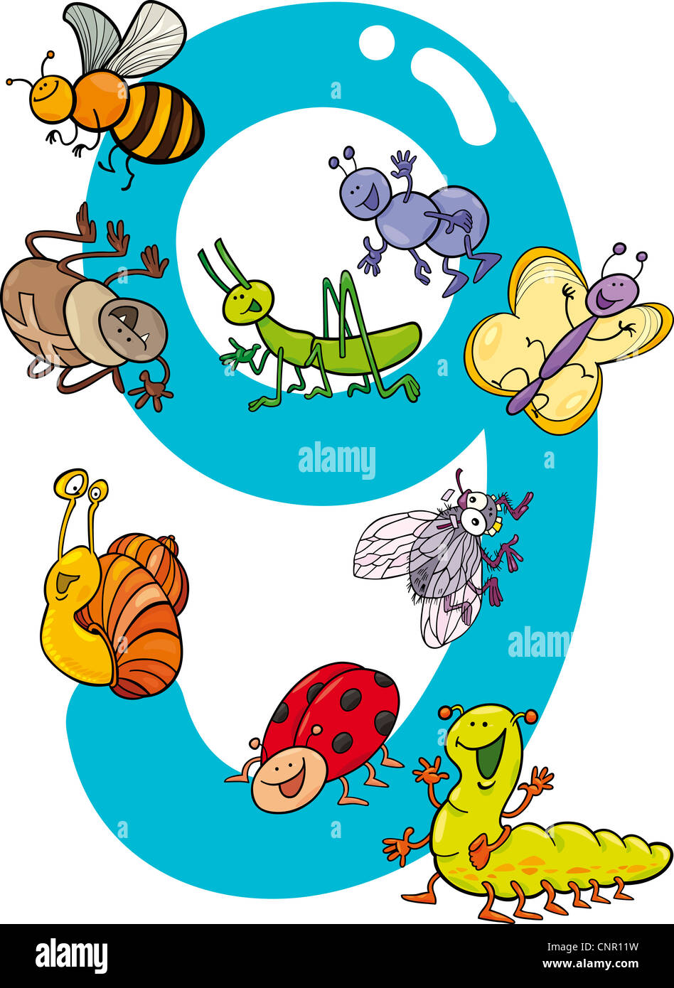 Cartoon illustration avec nombre de neuf et différents insectes Photo ...