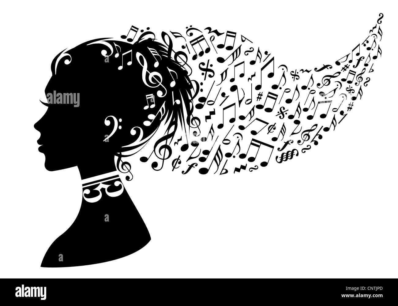 Tête de femme avec des notes de musique dans ses cheveux, vector ...