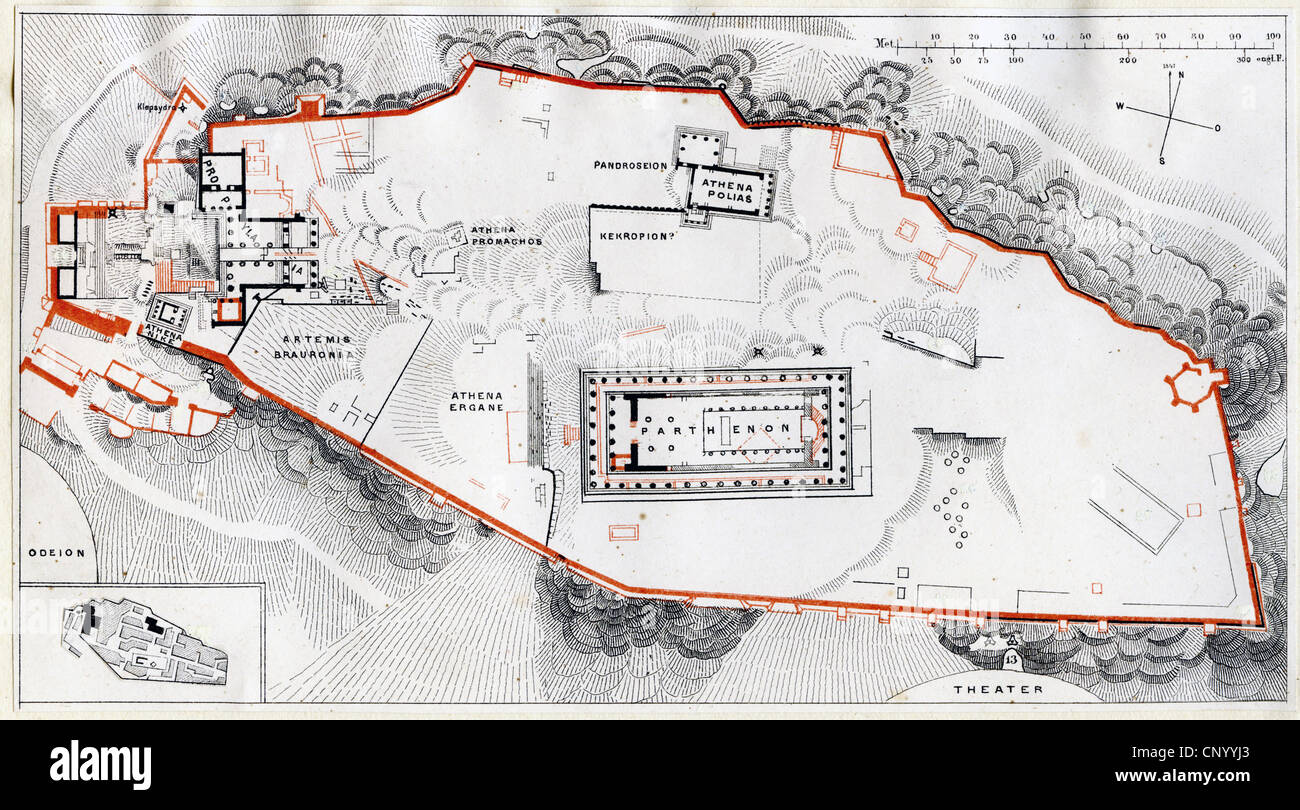 Géographie / voyage, Grèce, Athènes, acropole, plan, gravure en bois ...