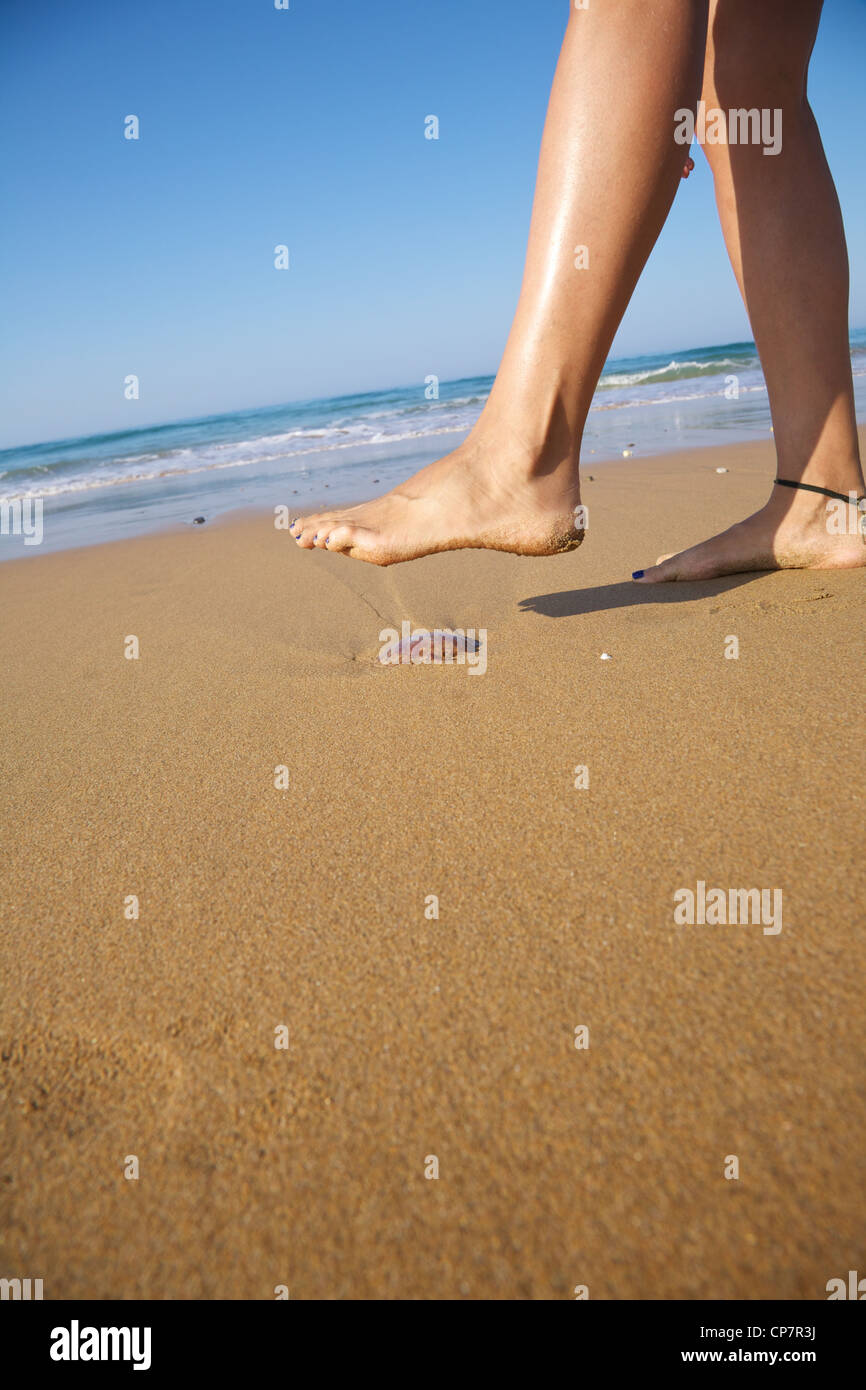 Femme pied prêt à pousser une méduse dans une plage Photo Stock - Alamy