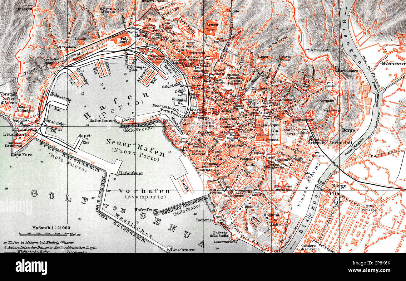 Carte historique de Gênes, Italie, 1890 ; Historischer Stadtplan von ...