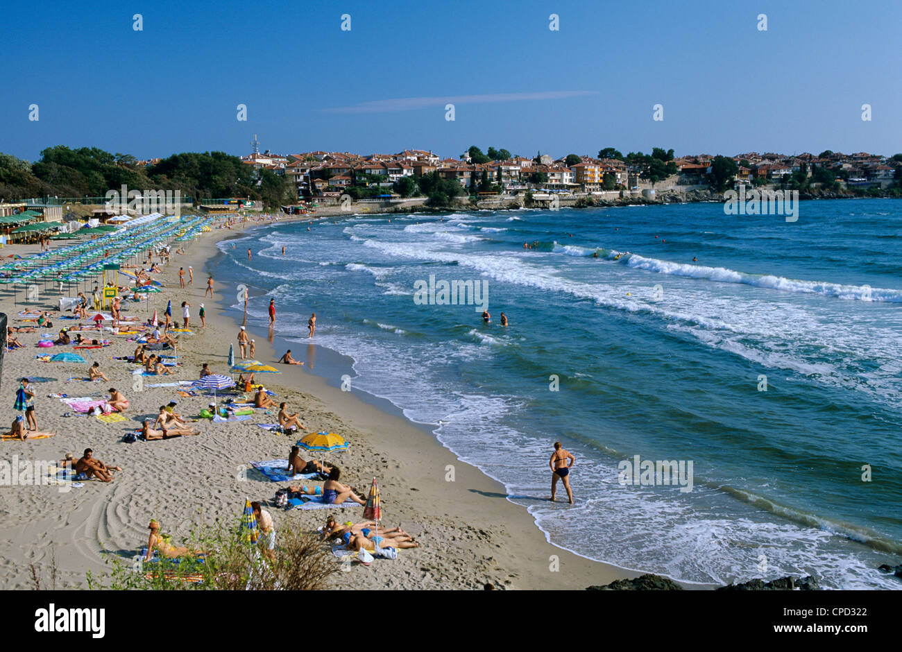 Vue sur plage, à Sozopol, côte de la mer Noire, Bulgarie, Europe Photo ...