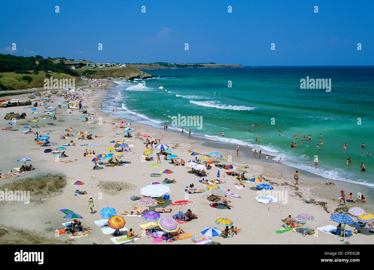 Vue sur la plage, Tsarevo, côte de la mer Noire, Bulgarie, Europe Photo ...