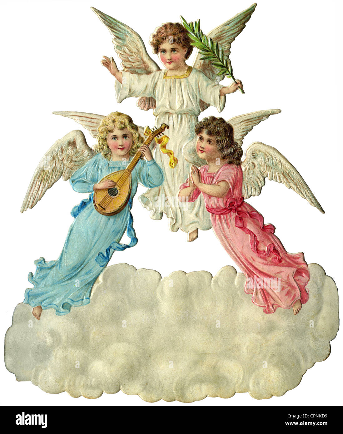Kitsch/cartes/souvenir, trois anges sur un nuage, lithographie ...