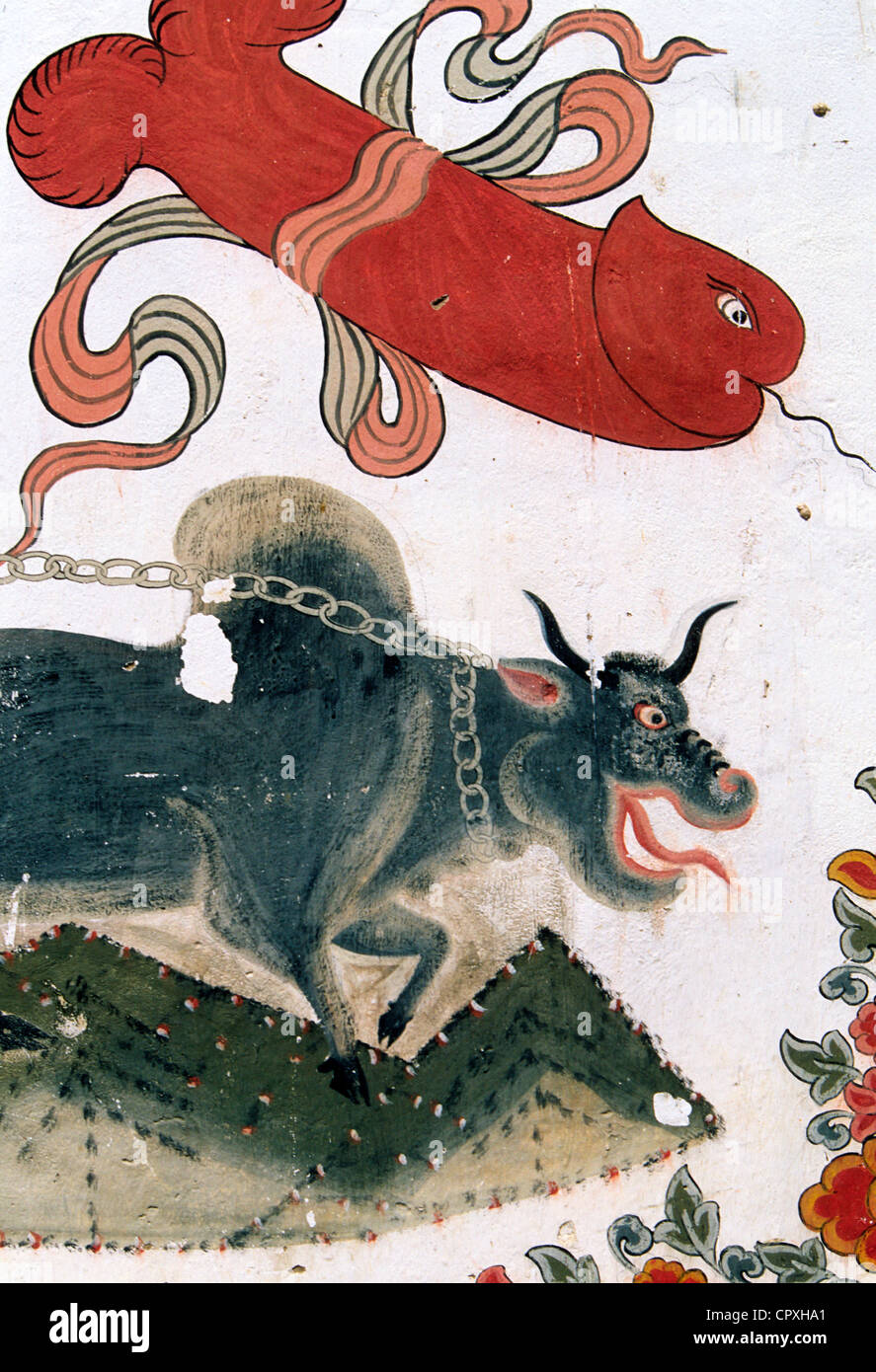 Bhoutan terre battue traditionnelle en bois peint sur phallus maison ...