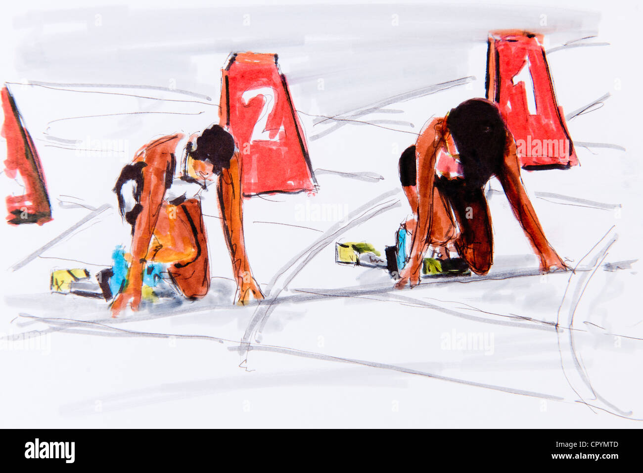 Départ d'une course, athlétisme, dessin de l'artist Gerhard Kraus ...