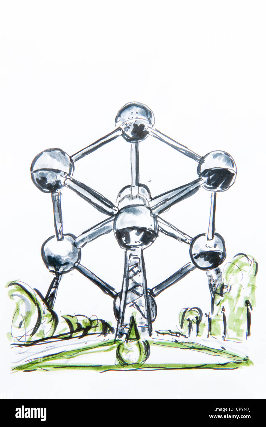 Monument de l'Atomium à Bruxelles, Belgique, dessin par Gerhard Kraus ...