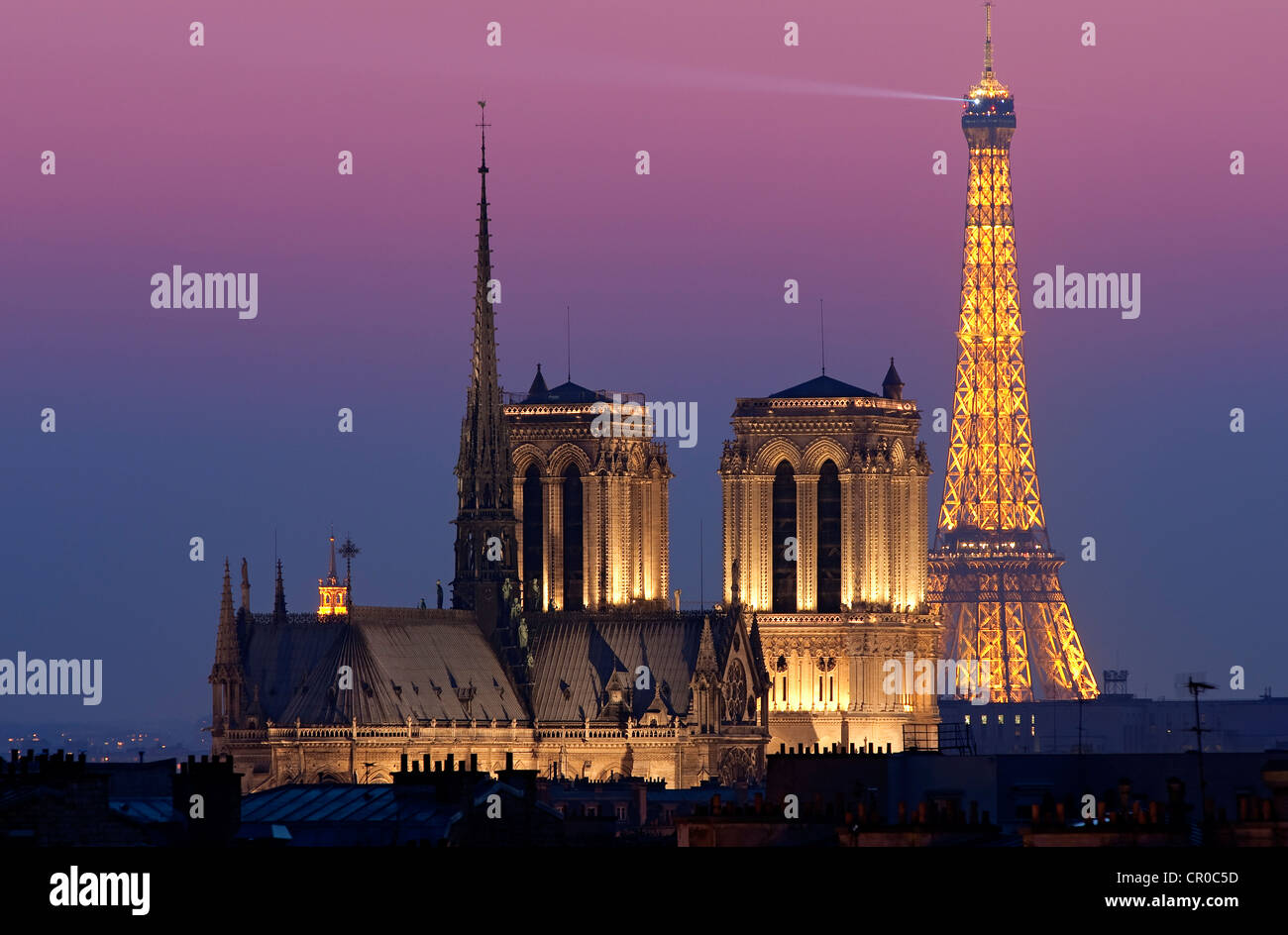 France, Paris, Notre Dame et la Tour Eiffel lumineuse (© SETE ...