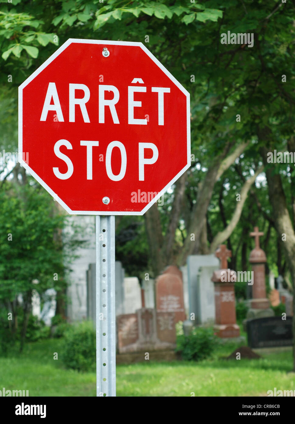 Stop rouge avec 'Arrêt' français et anglais 'Stop' Photo Stock - Alamy