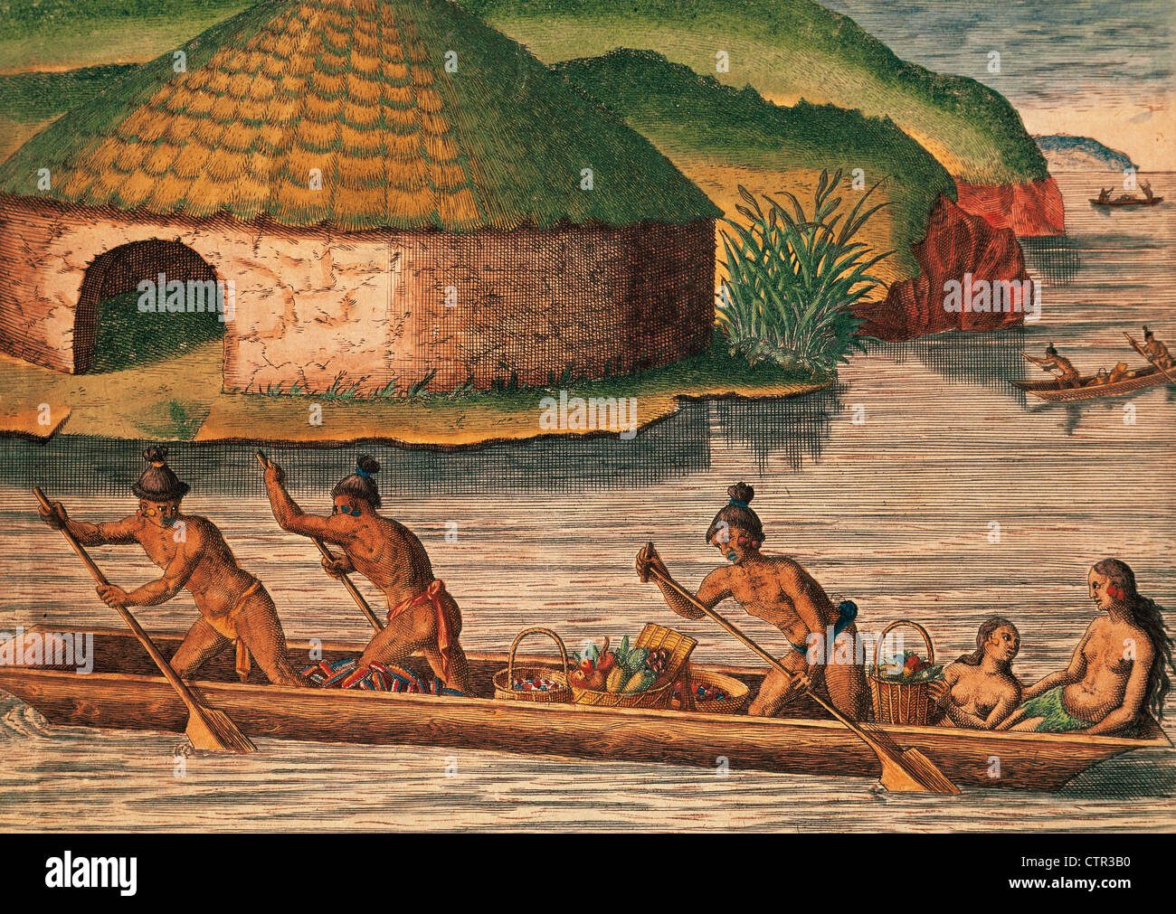 La Floride. 16e siècle. Timucua Indian village. Le transport des ...