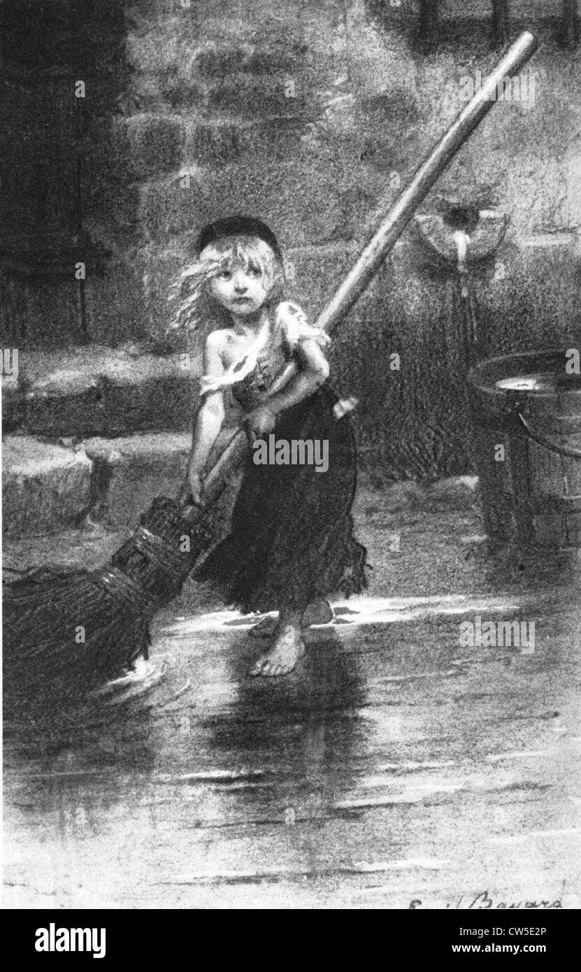 Emile Bayard, Cosette balayant, gravure illustrant le roman de Victor ...