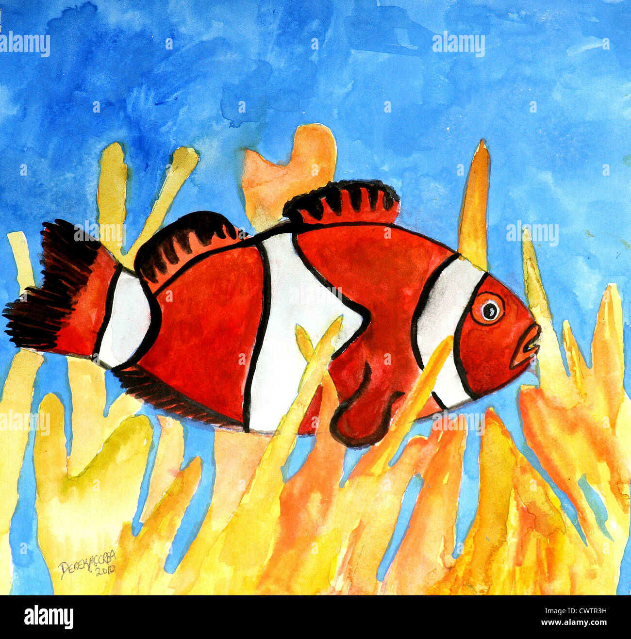 Poisson clown aquarelle rouge et blanc peinture carré mignon pour bébé ...