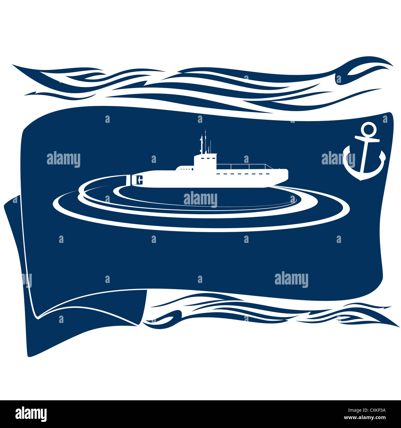 Marine. Drapeau avec une ancre et un sous-marin. Illustration sur fond ...