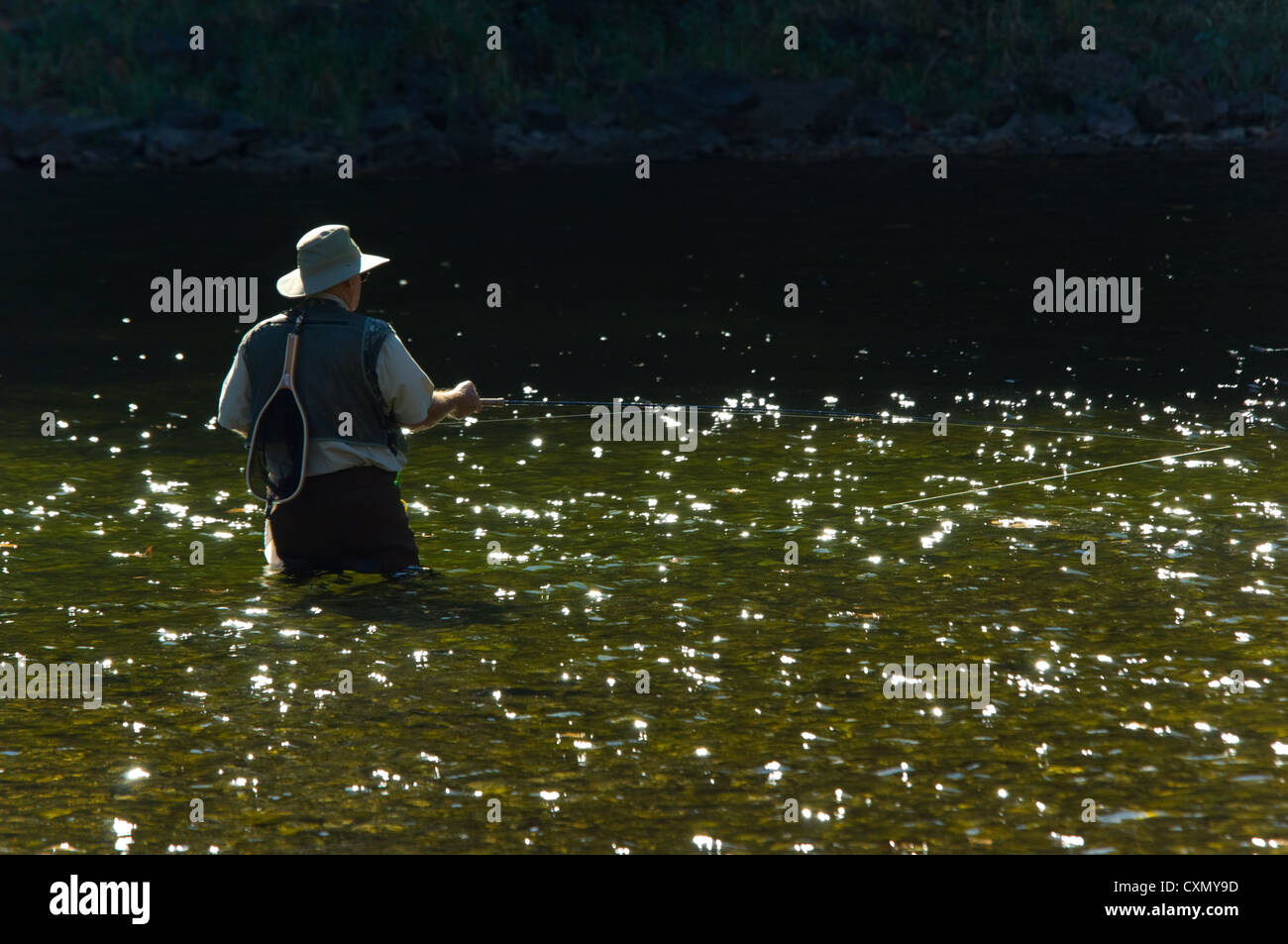 Pêcheur solitaire avec canne à pêche et les échassiers la pêche dans une rivière sur belle ...